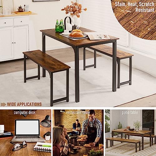 NAFORT 3-Piece Dining Table Set for 4, Kitchen Table with 2 Benches, 43.5ββ Space Saving Dining Room Table with Metal Frame & Solid MDF Wood Board, Ideal for Home, Restaurant, Patio Outdoor