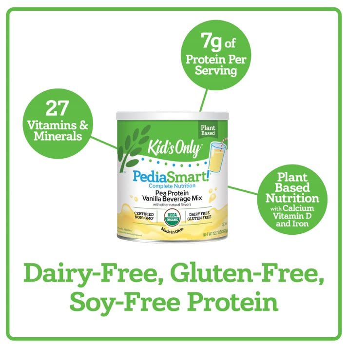 PediaSmart Organic Plant Based Pea Protein Vanilla Complete Nutrition Beverage Mix, 12.7 Oz (Pack of 2) | Non GMO | USDA Organic | Clean Label Project Verified
