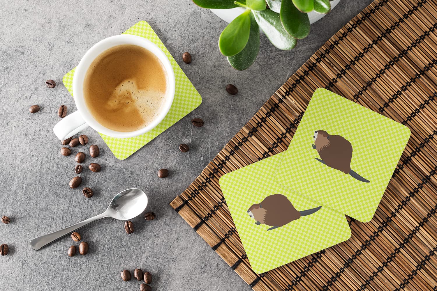 Caroline's Treasures BB7699FC Eurasian Beaver Green Foam Coaster Set of 4 Set of 4 Cup Coasters for Indoor Outdoor, Tabletop Protection, Anti Slip, Mouse pad Material