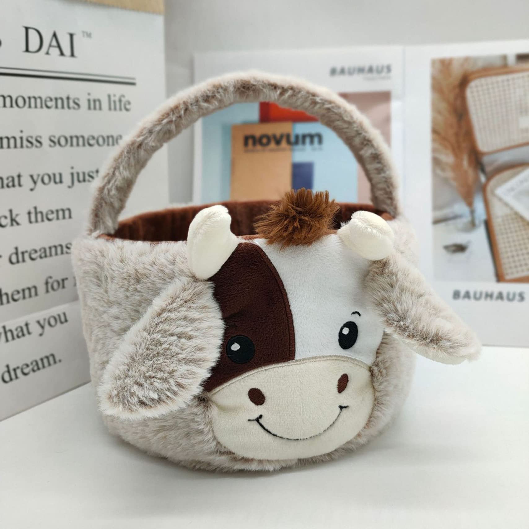 Cute Plush Cow Easter Basket for Kids, Cow Easter Buckets with Plush Ear, Candy Buckets Storage Tote Bag Easter Decorations (Cow Easter Basket, 7.9"L x 7.9"W x 9.8"H)