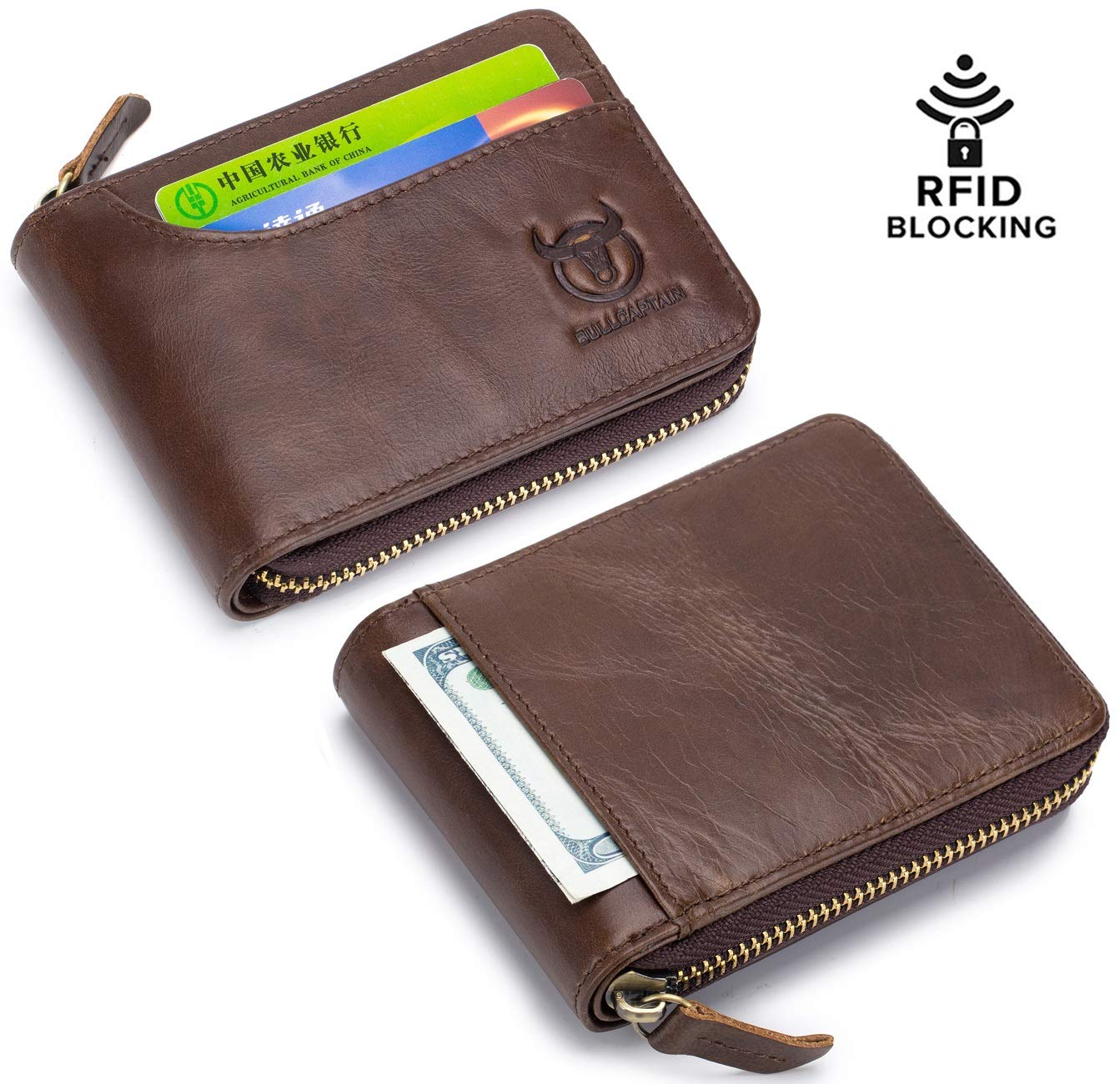 BULLCAPTAIN Mens Leather Zipper Wallet RFID Blocking Bifold Secure Vintage Zip Around Multi Credit Card Holders