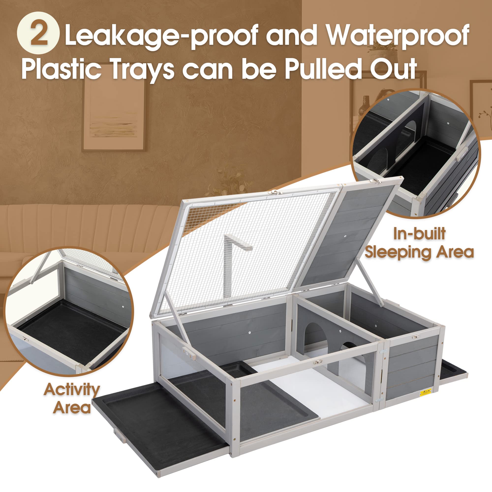 COZIWOW Upgraded Tortoise Habitat, Wood Box Turtle Enclosure with Light Support, Trays, Reptile Cage House for Outdoors, Indoor Tortoise Play, Gray