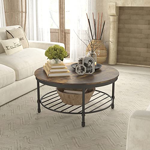 Gezen 2-Tier Round Coffee Table, Industrial Coffee Table for Living Room, Wooden Tabletop Rustic Steel Accent Table with Storage Open Shelf- Metal Frame - Retro Brown