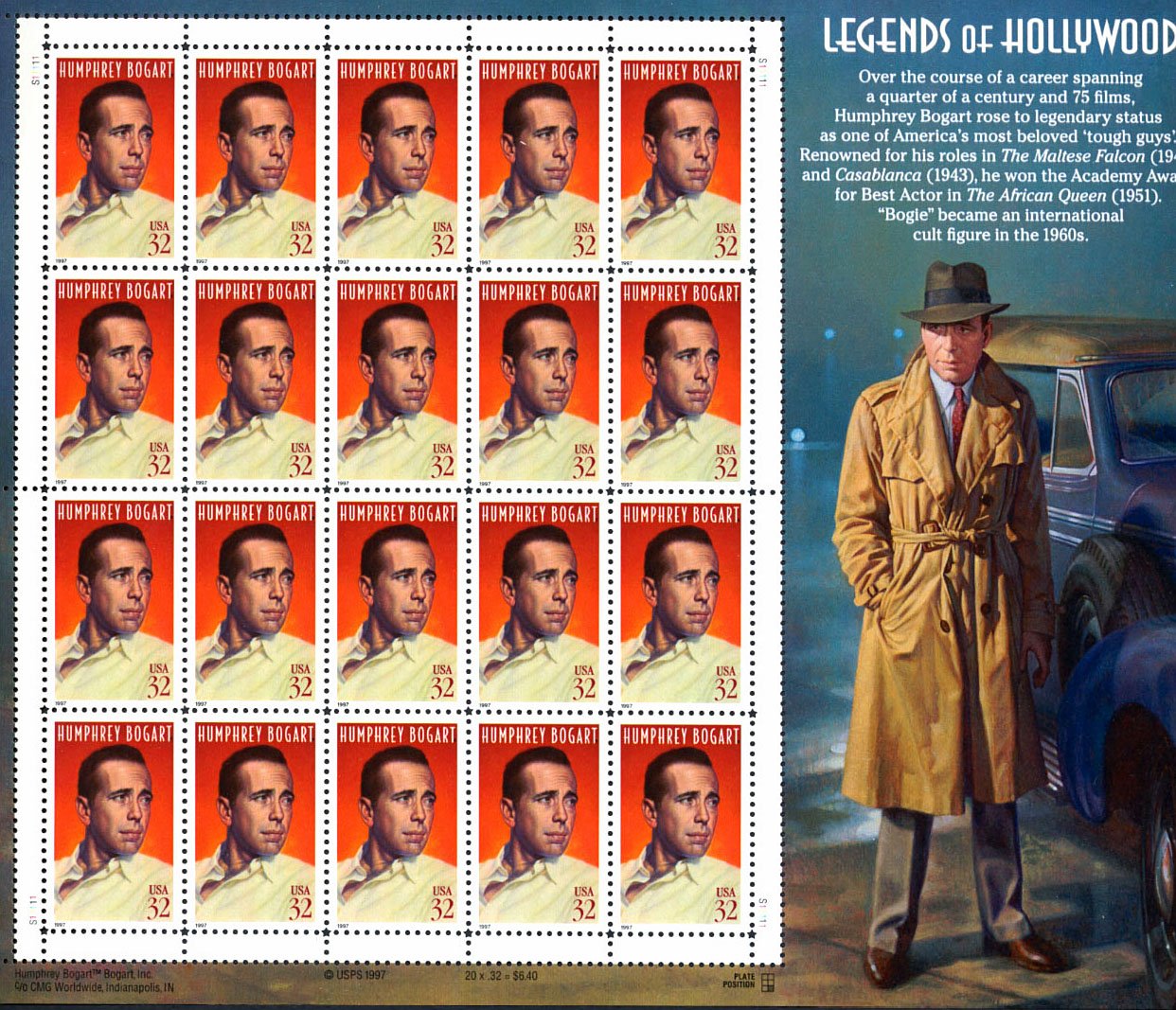 Humphrey Bogart, Legends of Hollywood, Full Sheet of 20 x 32-Cent Postage Stamps, USA 1997, Scott 3152