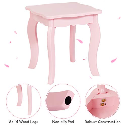 KOTEK Kids Vanity Set w/Tri-Folding Mirror, Princess Makeup Dressing Table w/Detachable Top & Drawer, 2-in-1 Vanity Table and Chair Set, Pretend Beauty Play Vanity for Girls (Pink)