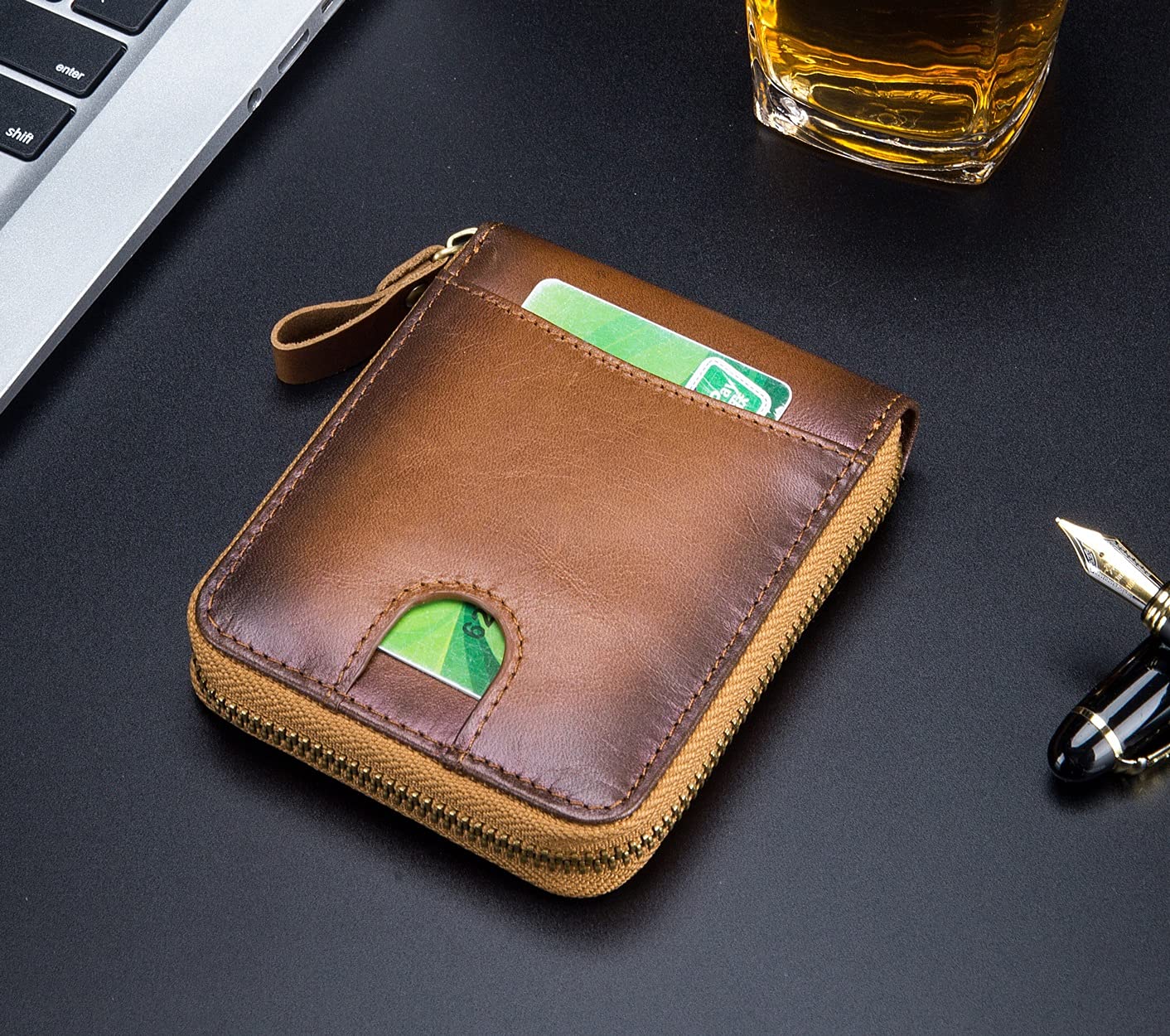 BULLCAPTAIN Mens Genuine Leather Zipper Wallet RFID Blocking Bifold Secure Zip Around Wallets Multi Credit Card Holder Purse (Handmade brown)