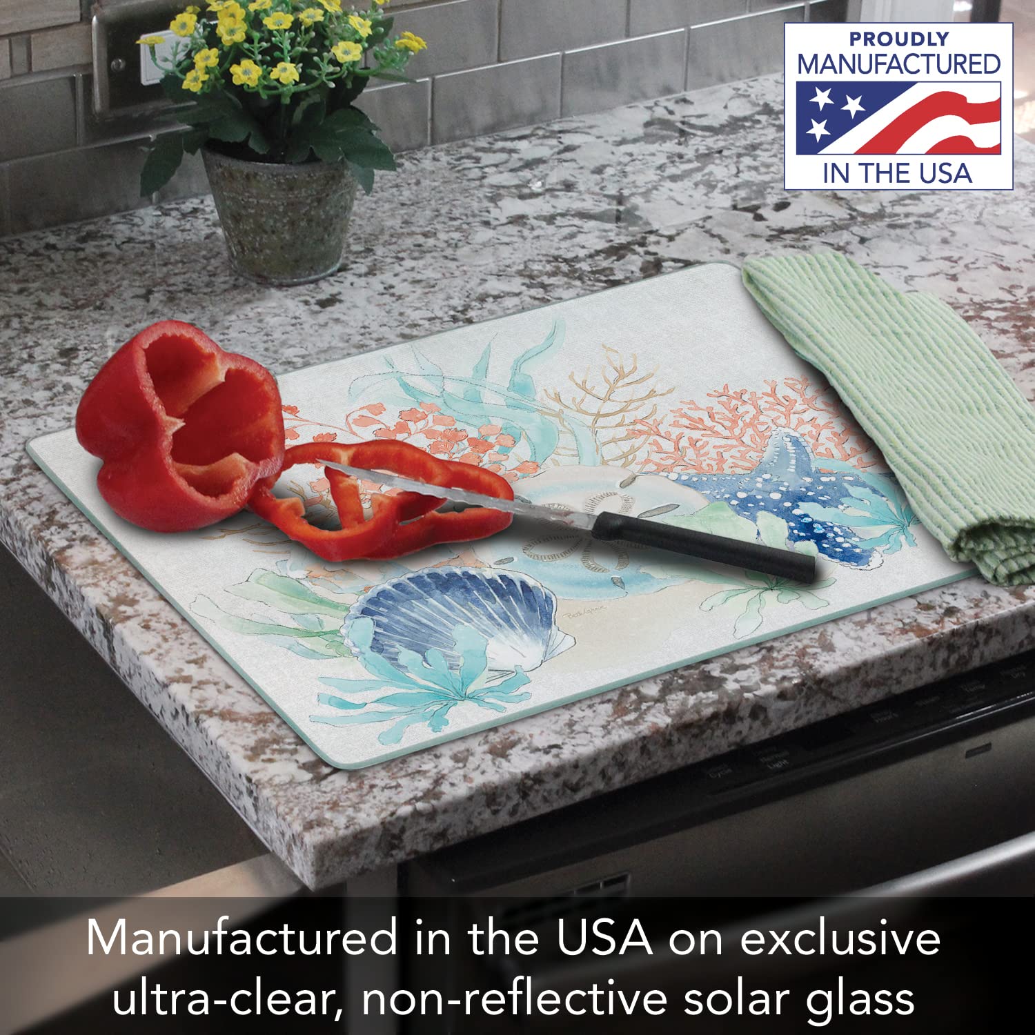 CounterArt Seaside 3mm Heat Tolerant Tempered Glass Cutting Board 15โ x 12โ Manufactured in the USA Dishwasher Safe