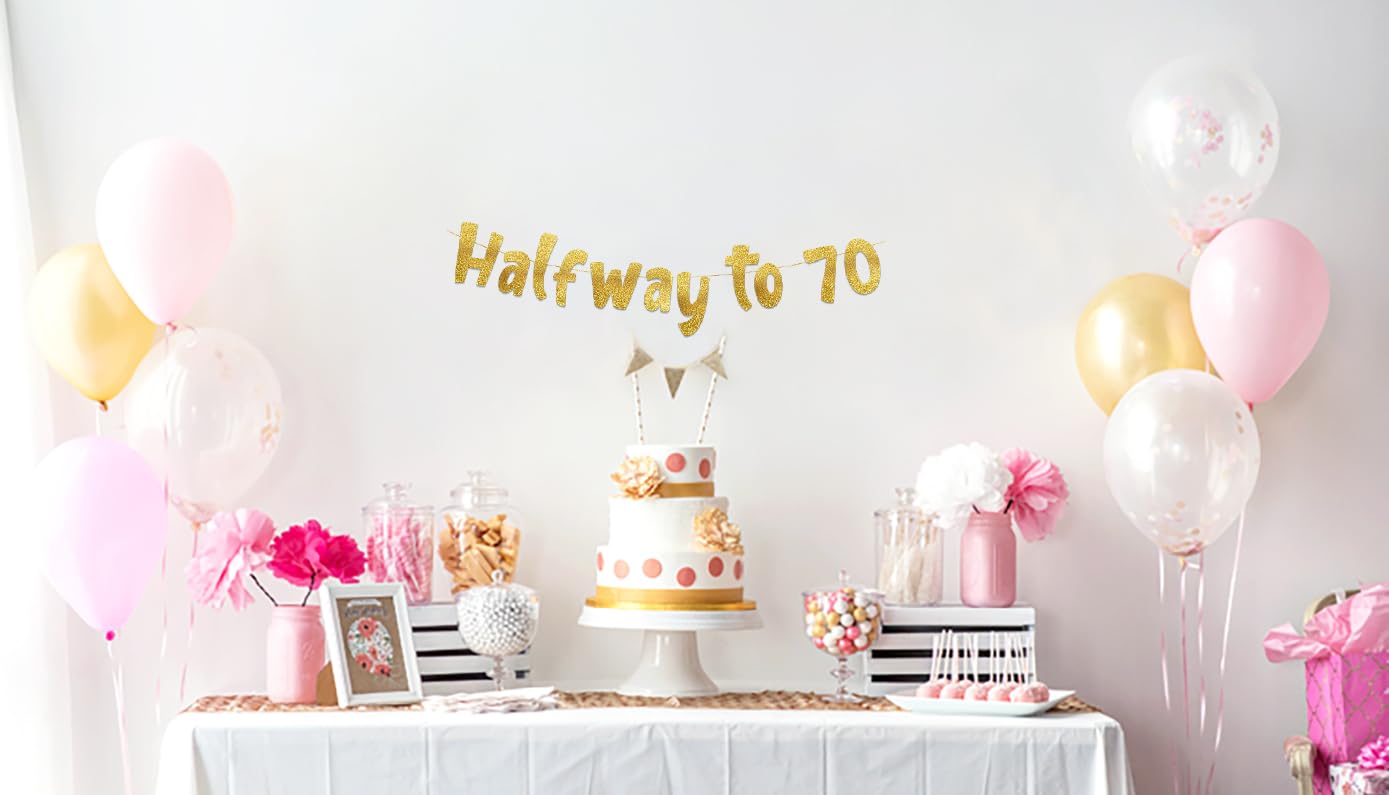 Halfway To 70 Gold Glitter Banner - Happy 35th Birthday Party Banner - 35th Birthday Party Decorations and Supplies - 35th Wedding Anniversary Decorations