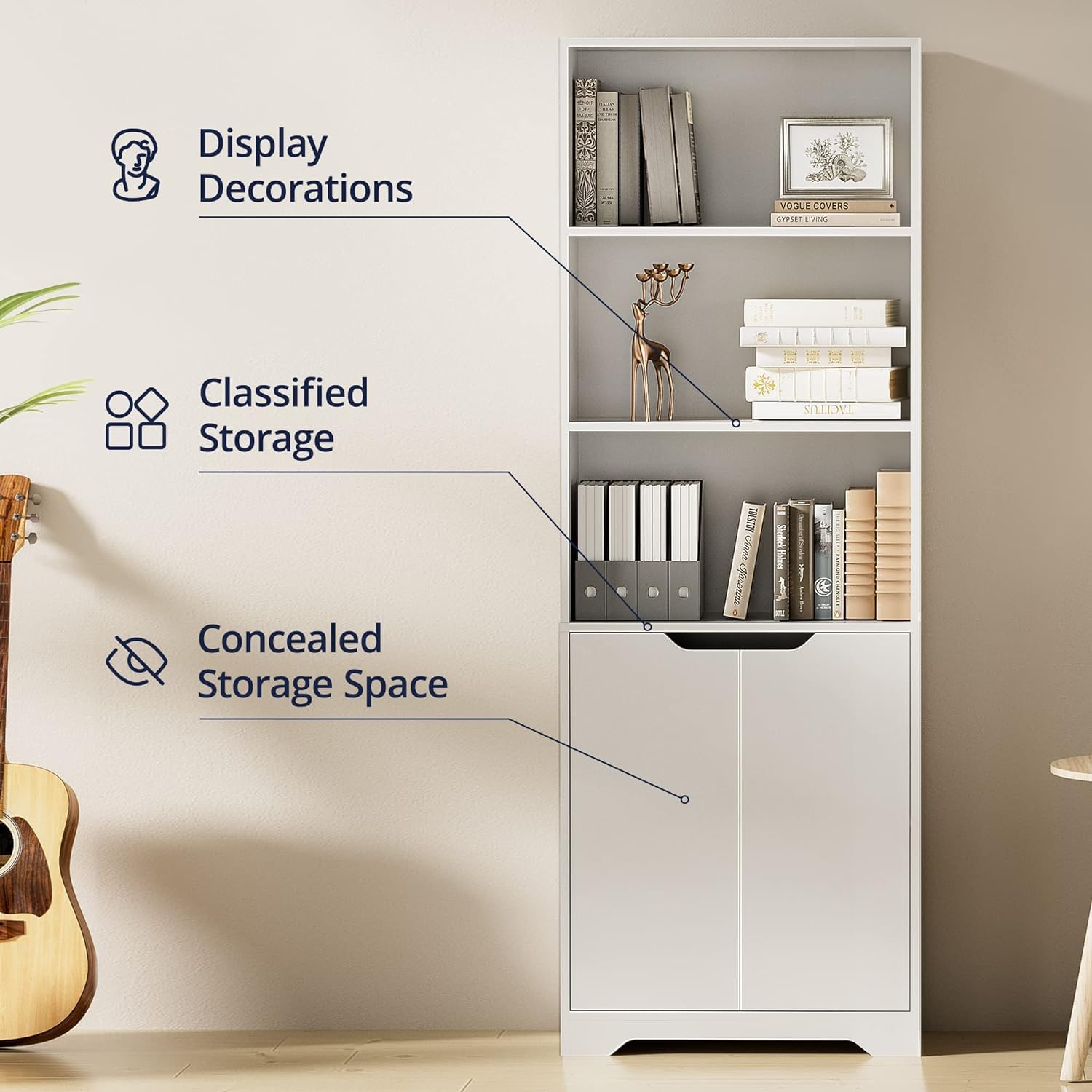 Cozy Castle Bookcase with Doors, 67" Bookshelf with Storage, Freestanding Book Shelf Door for Bedroom, Living Room, Office, White
