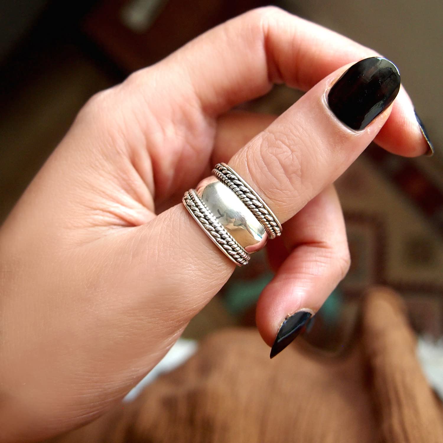 Boho-Magic 925 Sterling Silver Boho Rings for Women, Wide Band Thumb Ring, Adjustable (9)