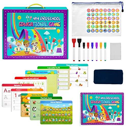 Handwriting Practice Book for kids, 40 Pages Toddlers Preschool Learning Activity Autism Educational Montessori Toys Learn Number Letters Shapes Animal & Sight Words Workbook with 8 Dry Erase Markers
