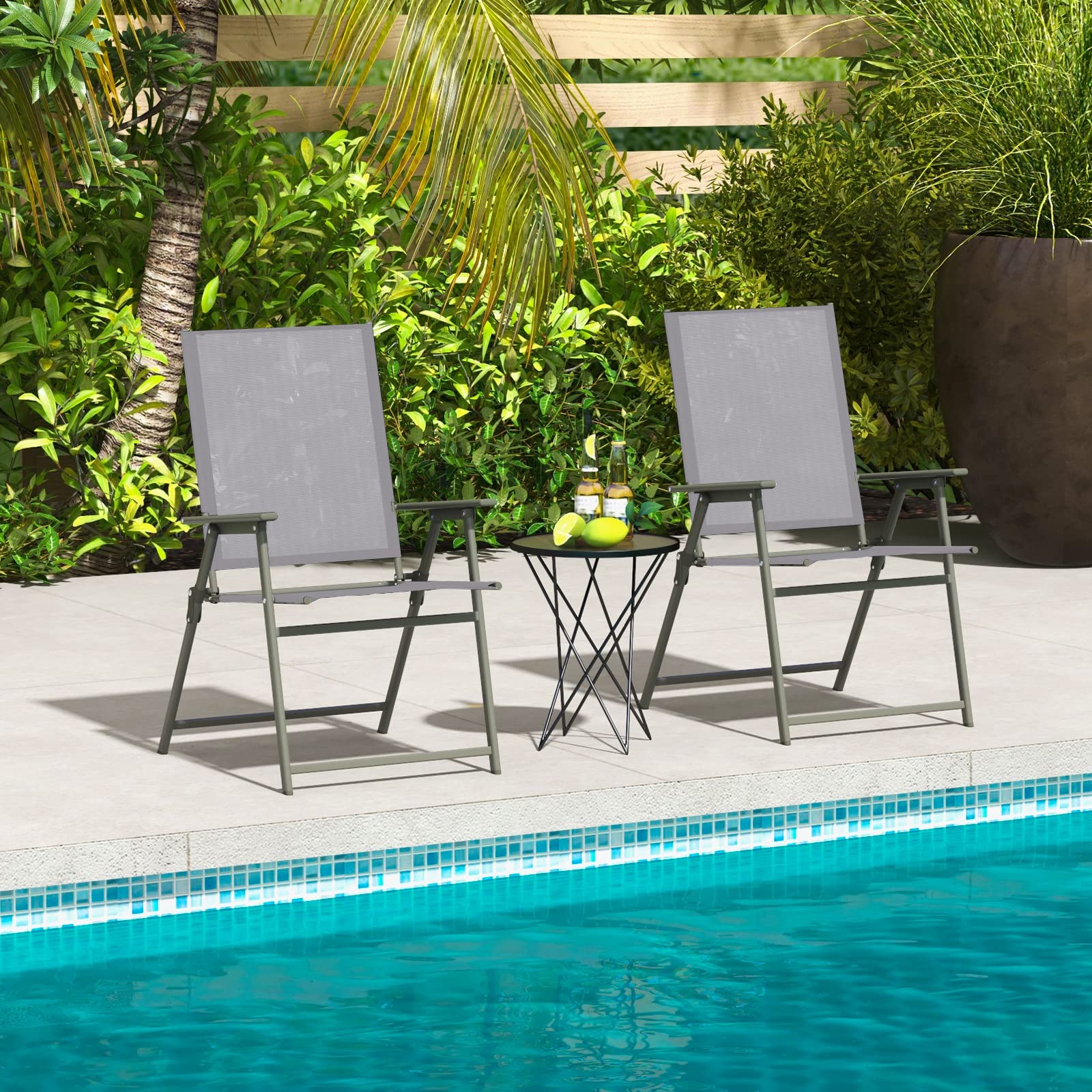 Giantex Patio Folding Chairs Set of 4, Outdoor Lawn Chairs with Rustproof Metal Frame, Portable Dining Chairs for Porch, Deck, Garden, Backyard, Camping, Gray