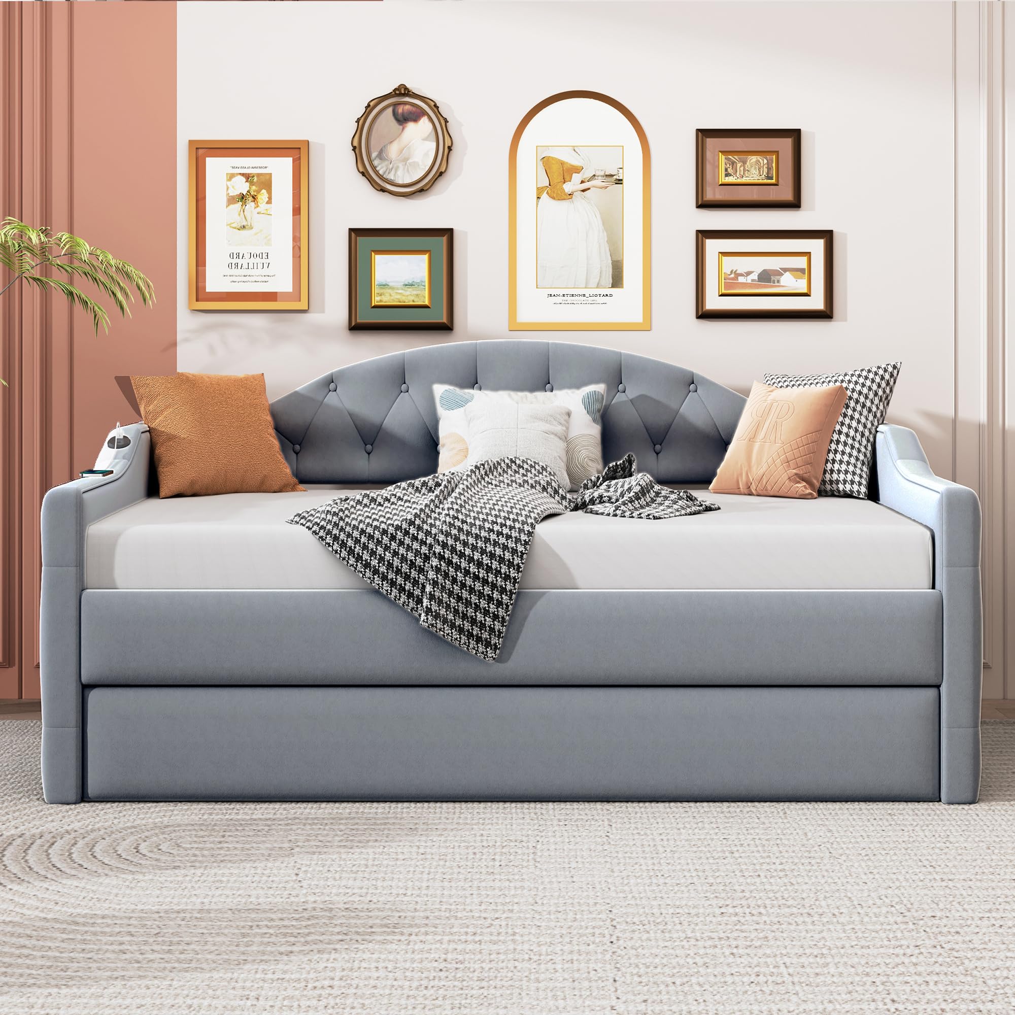 Harper & Bright Designs Twin Daybed with Trundle and USB & Type-C Charging Ports, Modern Upholstered Daybed Frame, Velvet Twin Sofa Bed Frame for Living Room, Bedroom, Gray