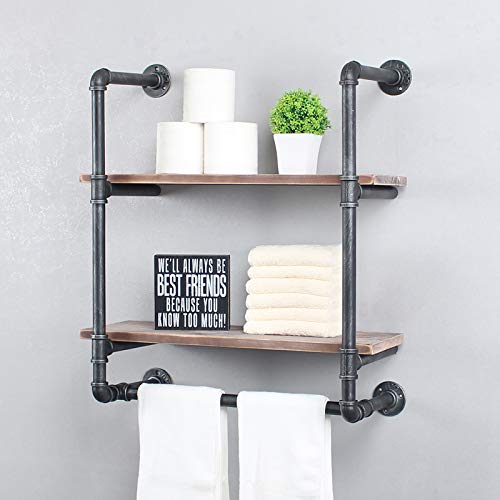 Industrial Pipe Towel Rack,Bathroom Shelves Wall Mounted,Rustic 2 Layer Bathroom Shelf with Towel Bar,Metal Storage Wall Shelf for Kitchen,Floating Shelves,Bathroom Shelves Over Toilet