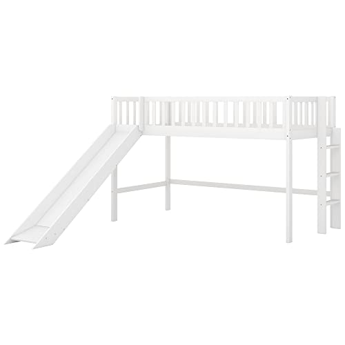 Harper & Bright Designs Twin Size Low Loft Bed Frame with Ladder and Slide for Kids,White