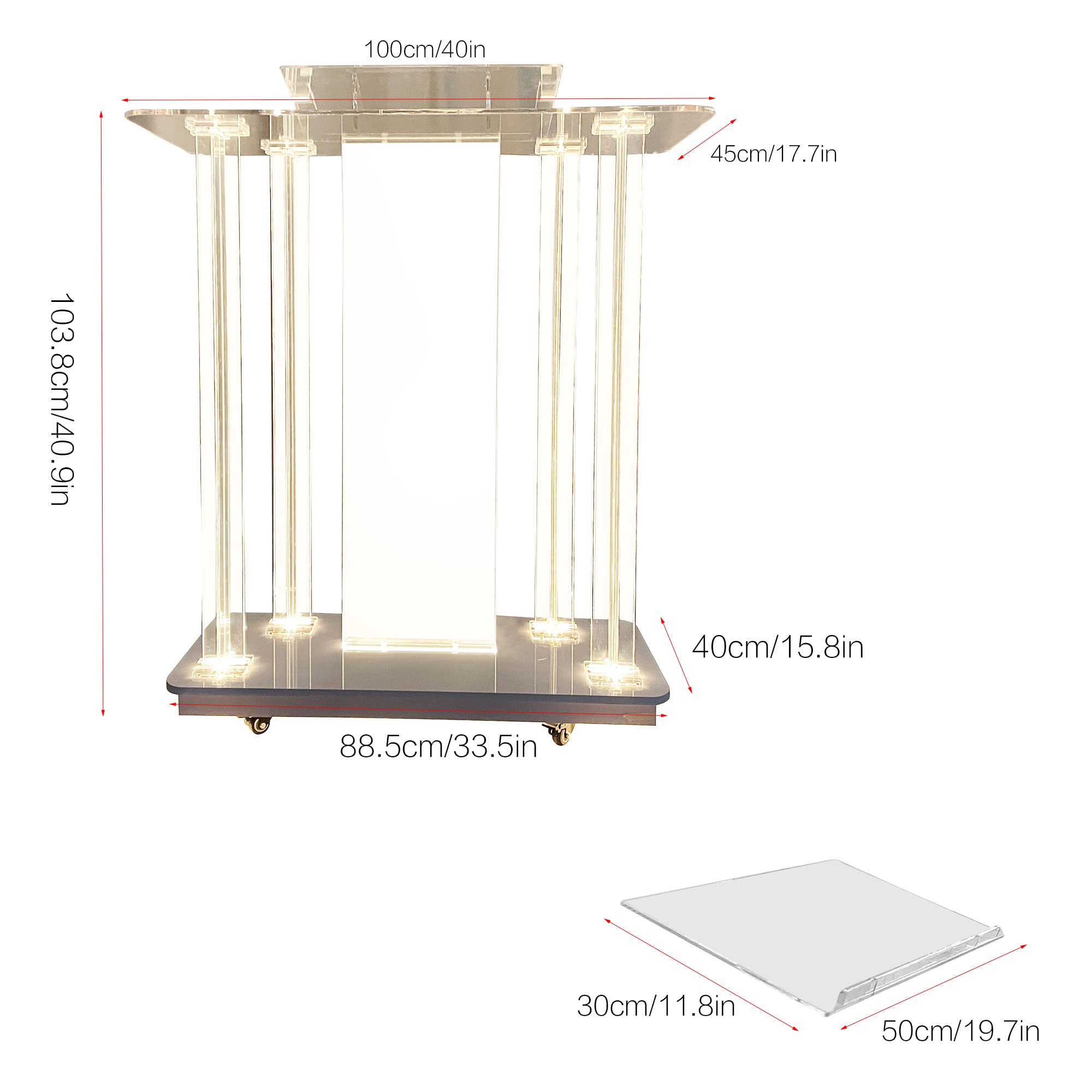 Clear Podium Stand - Acrylic Pulpits for Churches with Led Light, Professional Portable Presentation Podium Lectern with Wide Reading Surface for Restaurants, Weddings, Office and Classrooms