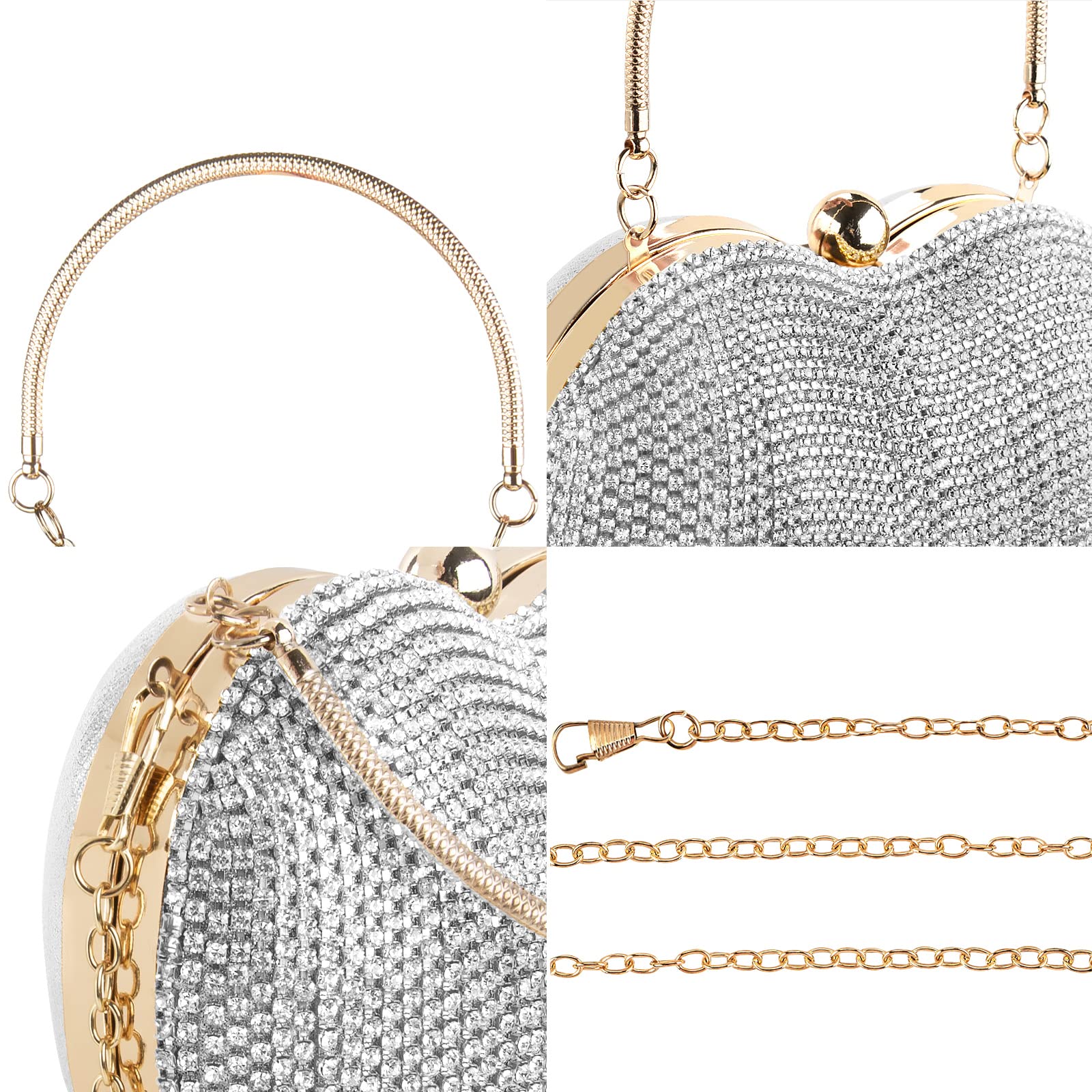 Women Heart Shape Crystal Tassel Evening Clutch Bag, Single-Sided Rhinestones Lady Party Wedding Crossbody Shoulder Ring Handle Handbag (Not Compatible with Phone) (Silver)
