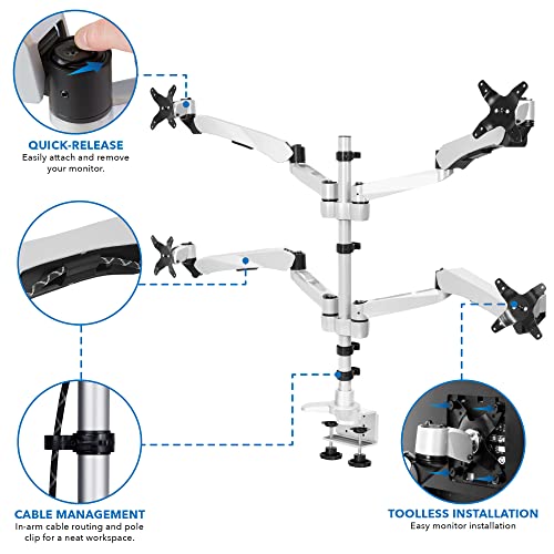 Mount-It! Quad Monitor Desk Mount With Full Motion Height Adjustable Arms | Premium Modular Computer Screen Mount With VESA 75x75, 100x100 mm Pattern | Clamp Base, Silver