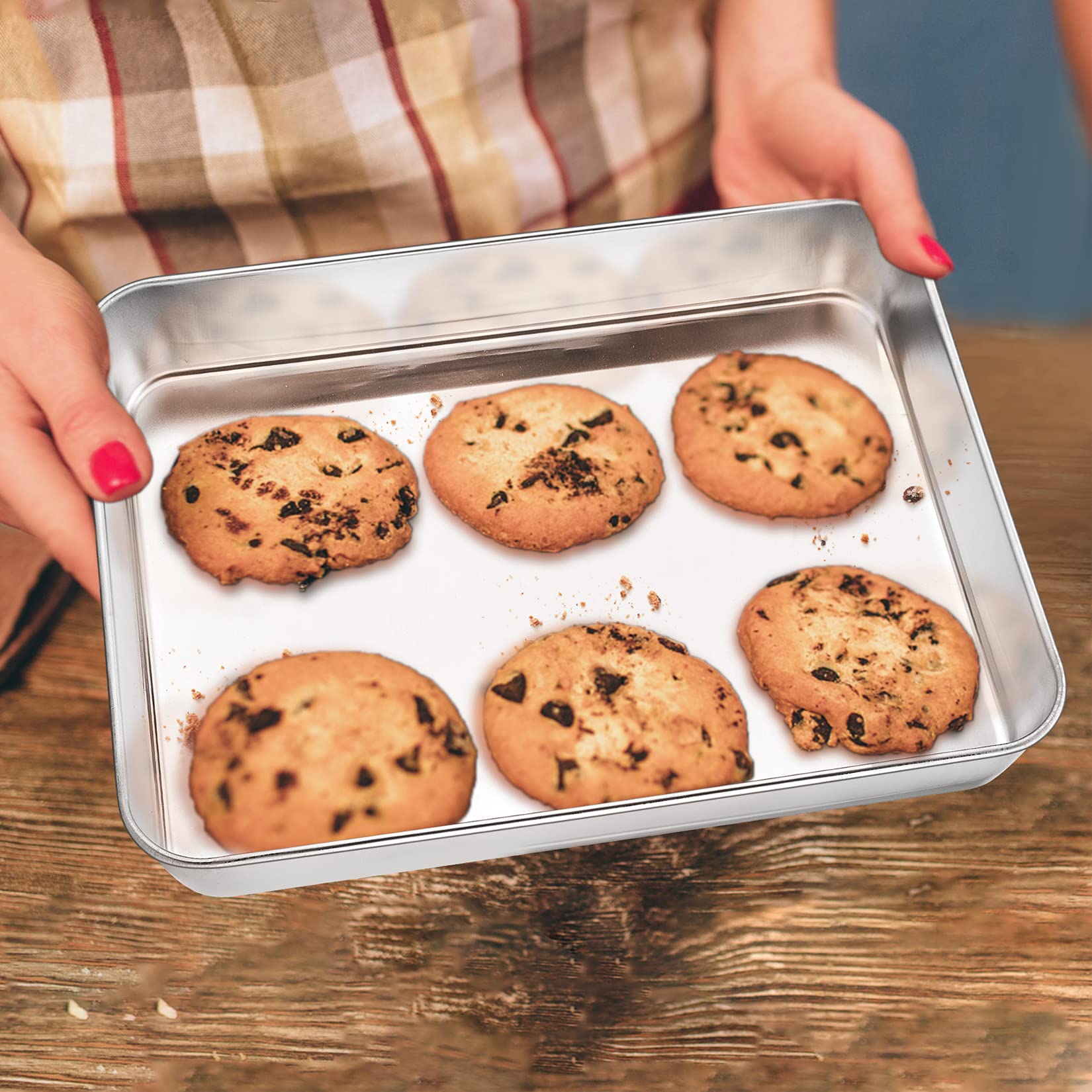 Deep Toaster Oven Tray Pan, P&P CHEF Stainless Steel Small Rectangular Baking Pan, Size 9.3”x7”x1.75”, Brush Finished & Easy Clean, Non Toxic & Heavy Duty