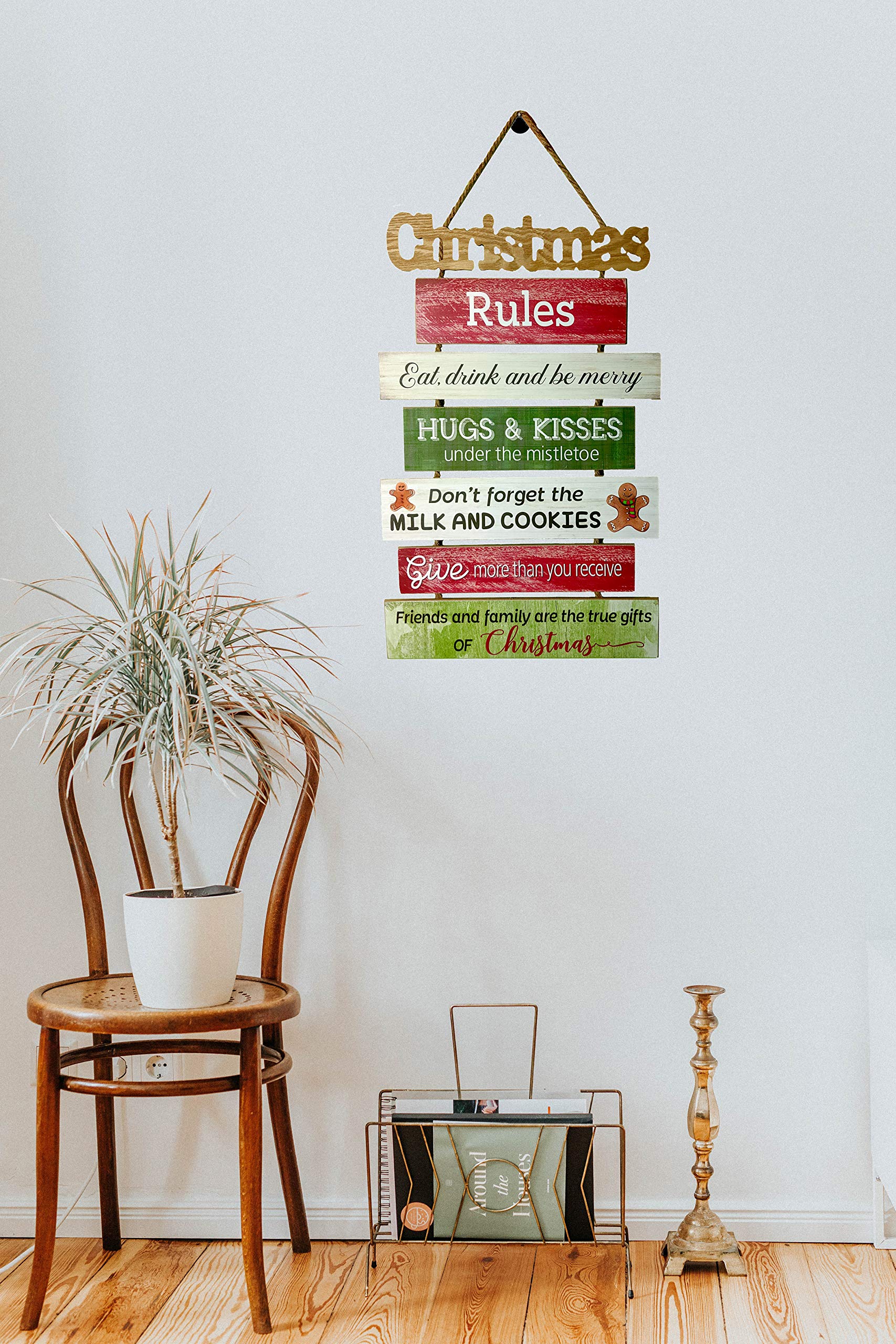 Christmas Wood Wall Decor Hanging Sign, Rustic Wooden Plaque, Holiday Rules 23" x 13.75" Jute Hanger