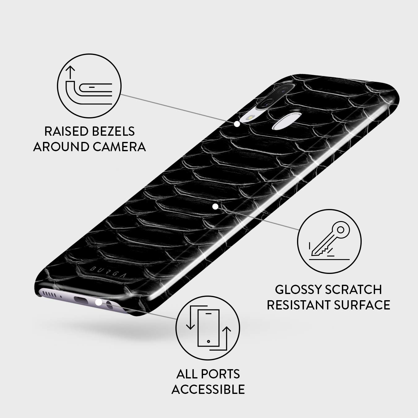 BURGA Phone Case Compatible with Samsung Galaxy A40 - Darkest Path Savage Wild Black Snake Skin Cute Case for Women Thin Design Durable Hard Plastic Protective Case
