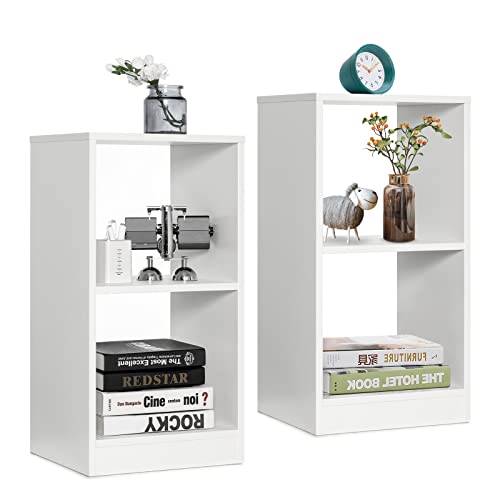 Giantex 2-Pcs 2-Tier White Bookshelf, Narrow Wood Bookcase with Anti-Tipping Kit, Short Open Shelving Rack for Small Space, Mini Cube Bookshelf for Living Room, Bedroom, Kids Room, Classroom