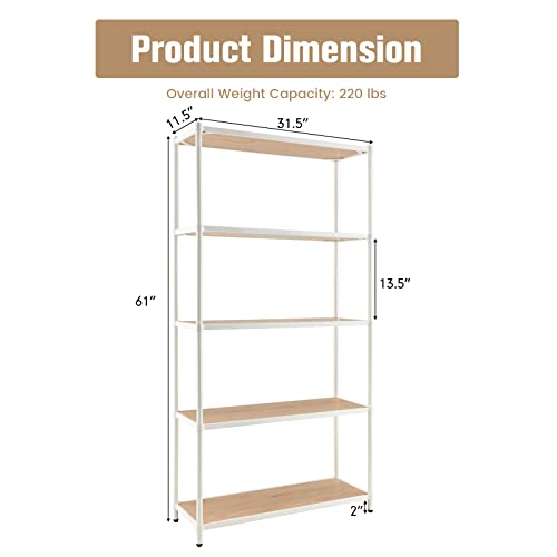 Giantex 5-Tier Industrial Bookshelf White - 61" Tall Open Display Shelving Rack with Anti-toppling Device, Adjustable Feet, Freestanding Storage Shelf for Living Room, Kitchen, Office, Bedroom