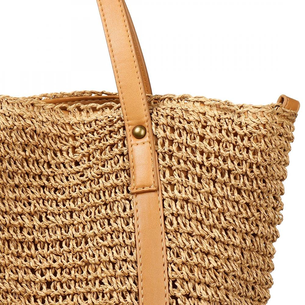 Women Straw Shoulder Bag Summer Beach Lightweight Large Wallet Handmade Woven Handbag (Khaki)