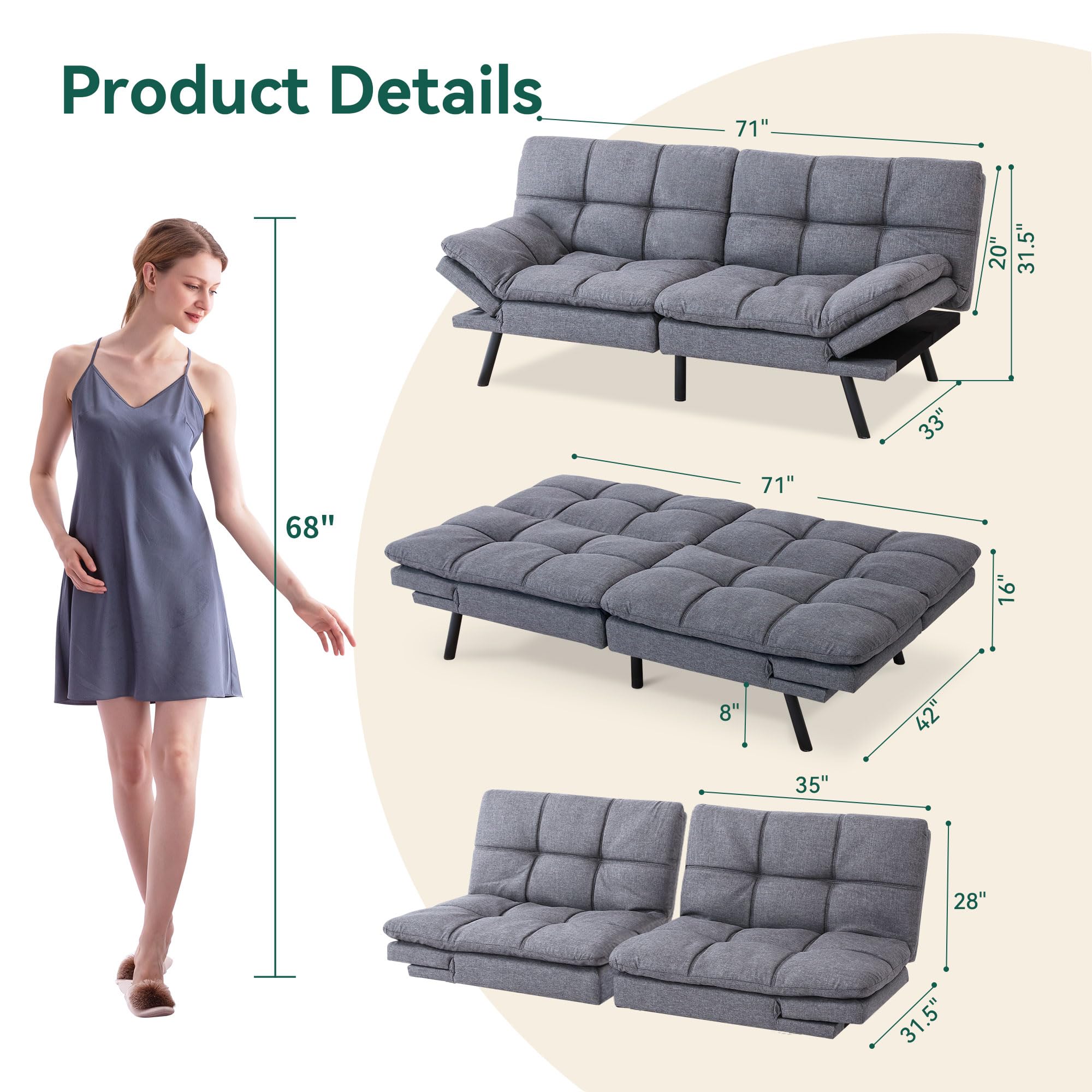Hcore Bed,Futon Couch Small Lounger Sofa Foldable Loveseat Sofabed, Authentic Gray