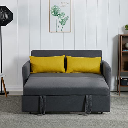 FIQHOME 55.5" USB Ports and Side Pockets,3 in 1 Multi-Functional Convertible Sleeper 2 Lumbar Pillows,Loveseat Sofa with Pull Out Bed,for Living Room, Apartment(Grey)