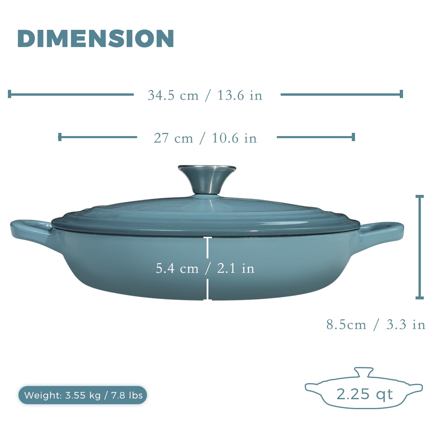 Flavehc Braiser Enameled Cast Iron Braiser 2.25 qt Braiser Pan with Lid Slateblue Shallow Cast Iron Casserole Braiser Pan with Handels