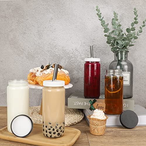 TOMNK 16 Pack 16oz Glass Juice Bottles with Lids and Straws Travel Drinking Glass Bottles with Caps Reusable Juice Jars Smoothie Cups for Tea, Kombucha, Boba Milk, Fruit Drinks, Beverage