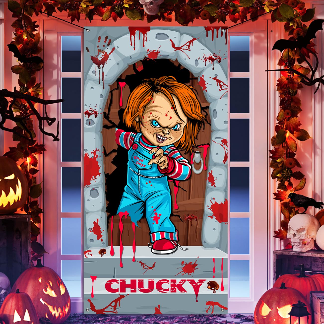 Halloween Decorations Horror Movie Character Chucky Door Cover Scary Halloween Front Door Banner for Halloween Home Decor Birthday Party Supplies