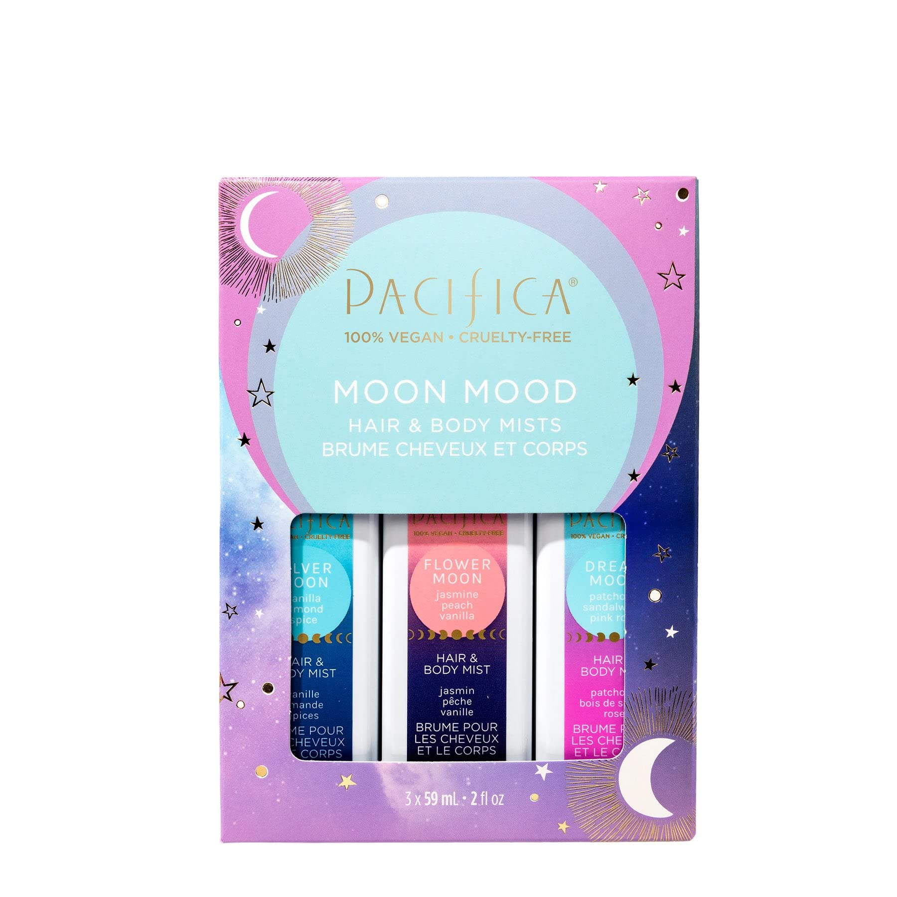 Pacifica Moon Moods Hair Perfume & Body Fragrance Spray Mist Trial Set â Dream, Flower & Silver Moon â Sampler Discovery Gift Pack â Travel-Size, Vegan & Cruelty-Free, 2 oz each (Pack of 3)