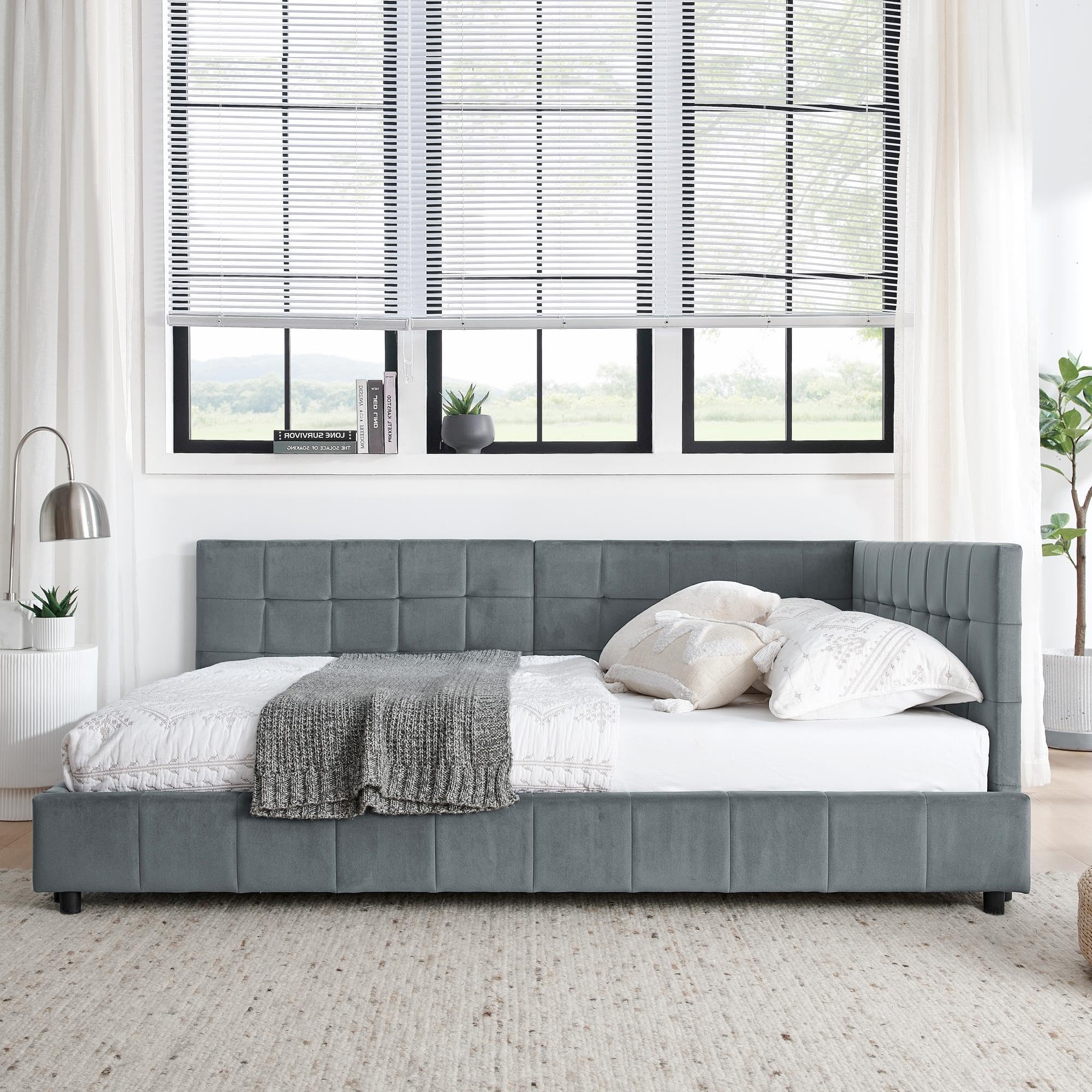 DEINPPA Full L-Shape Corner Bed Frame, Velvet Upholstered Tufted Daybed with Slat, Floor Platform Bed with Soft Headboard for Bedroom Nook, No Box Spring Needed-Black