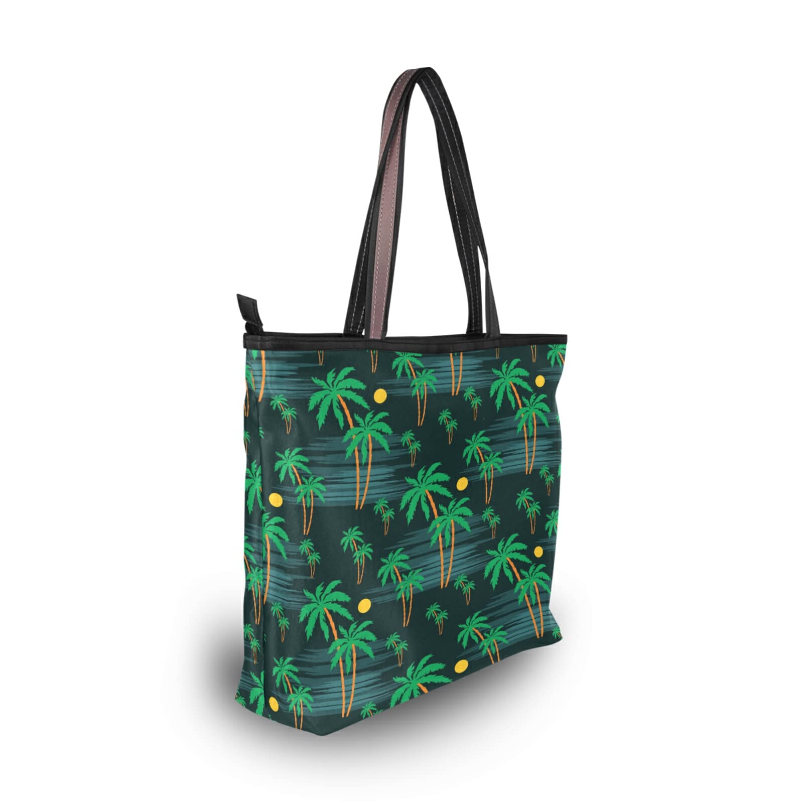 Women Tote Bag Zippered Shoulder Handbag Tropical Leaf Tote Purse with Pocket