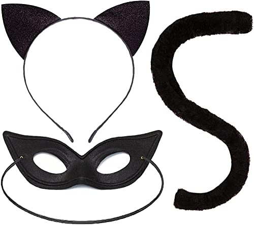 FUEAWIM Black Cat Costume Cat Ears Tail and Masquerade Eye Cover for Women Girls Halloween Cosplay Accessory