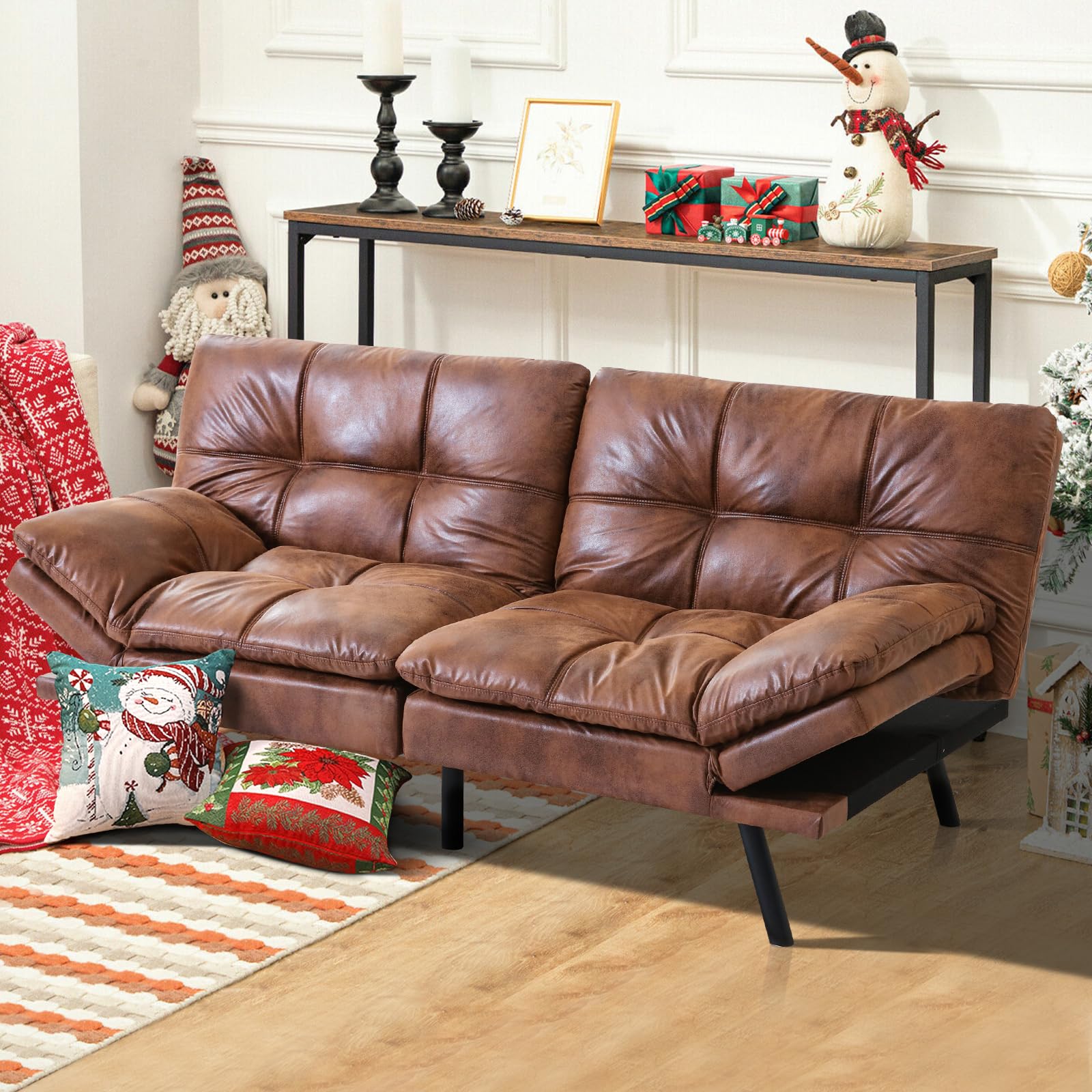MUUEGM Futon Sofa Bed Modern Memory Foam Futon Couch Sleeper Bed,Loveseat Convertible Sofa Daybed with Adjustable Armrest Backrest for Living Room,Apartment,Dorm,Office,Faux Leather,Brown