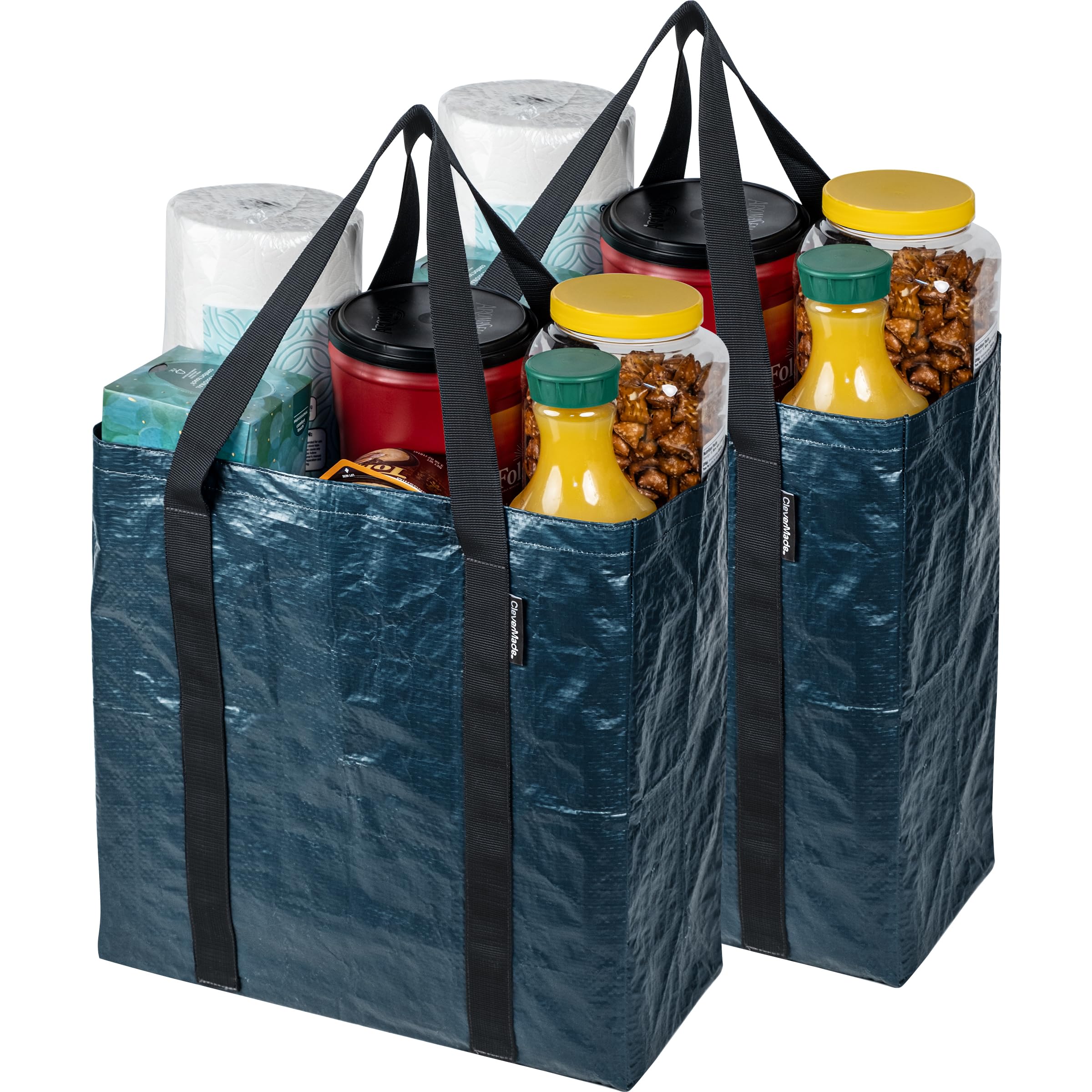 CleverMade 2 Pack Storage Tote, Tall Frakta Shopping Bag, Heavy Duty Multi-Purpose Bags for Moving, Grocery Shopping, and Toting; Ocean Blue, Large