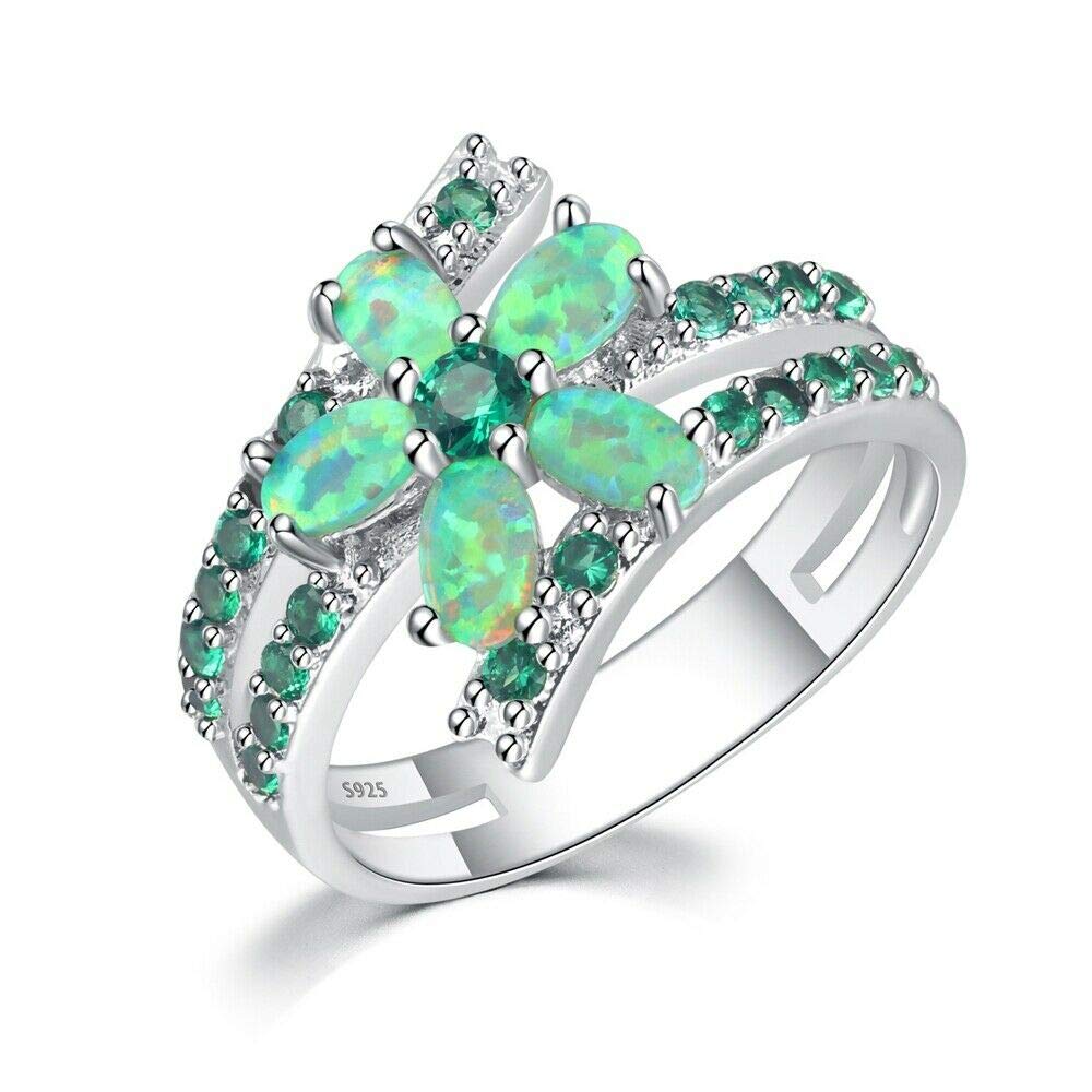 CiNily Silver Green Fire Opal Emerald Women Jewelry Gemstone Ring Size 5-12 (5)