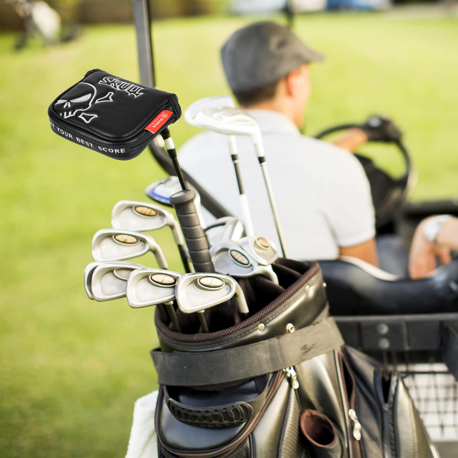 Burke Skull Golf Club Covers, Mallet Blade Golf Putter Cover with Magnetic Closure, Black Golf head covers for Scotty Cameron Odyssey Taylormade Putter