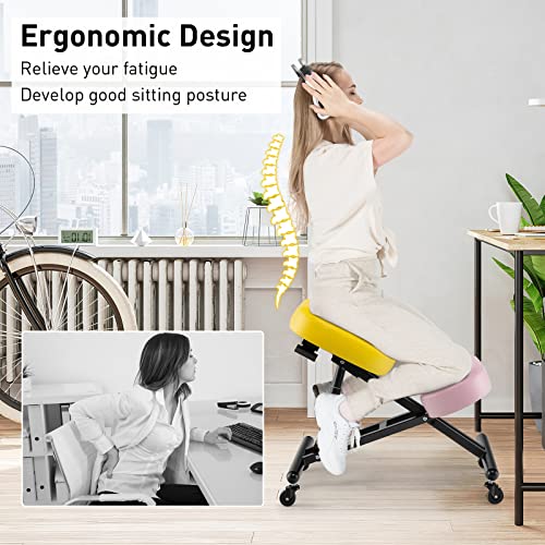 Giantex Height Adjustable Kneeling Chair - Seat Height from 20.5β to 26.5β, Adjustable Stool with Smooth Wheels, Foam Padded Cushions, Ergonomic Kneeling Chair for Office, Home, Yellow/Pink