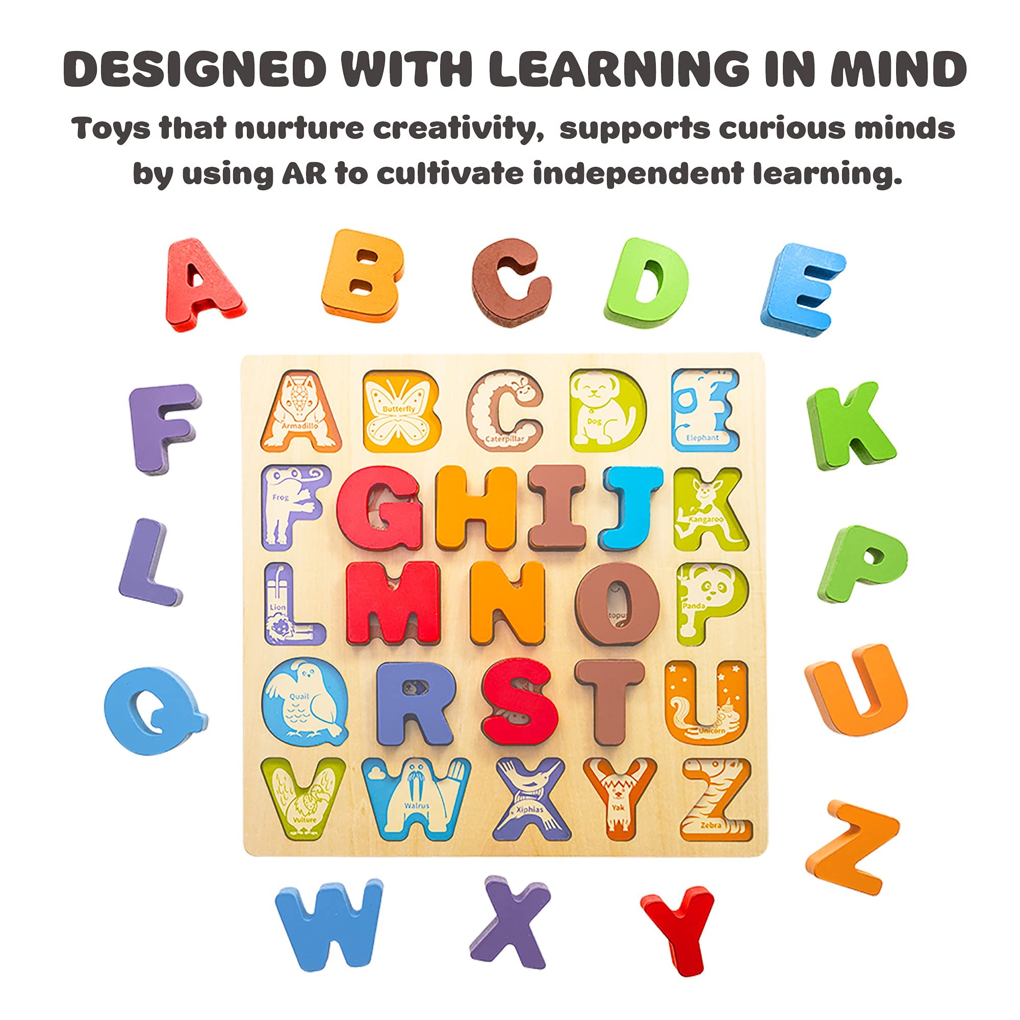 KIPPTO Wooden Alphabet Puzzles. Free Augmented Reality App, Favorite A-Z Animal Imprints with AR Makes Learning Interactive and Fun for Kids. Preschool Montessori Educational Toys 2-4 Years Old.