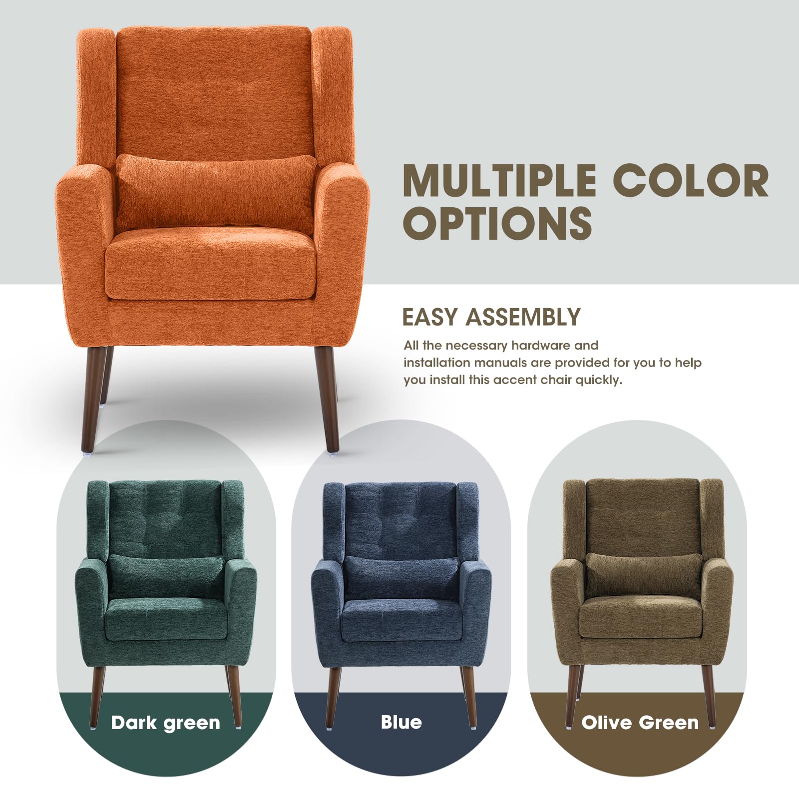 cinkehome Accent Arm Chairs for Living Room, Chenille Upholstered Mordern Armchair, Comfy Soft Padded Lounge Chair in Small Spaces, Bedroom, w/Pillow, Solid Wood Leg, Orange