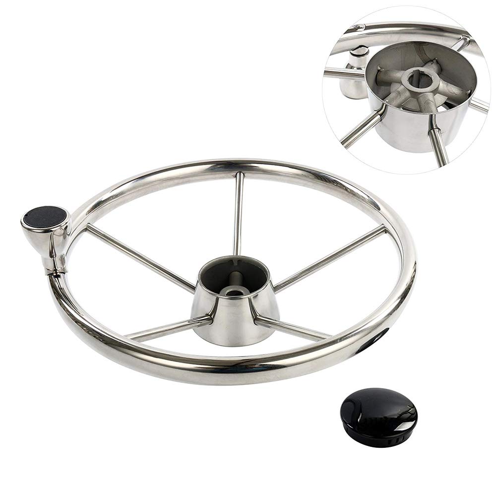 Boat Steering Wheel 5 Spoke 13.5 inch Stainless Steel with Knob and Cap Destroyer Style Marine 131/2 inch