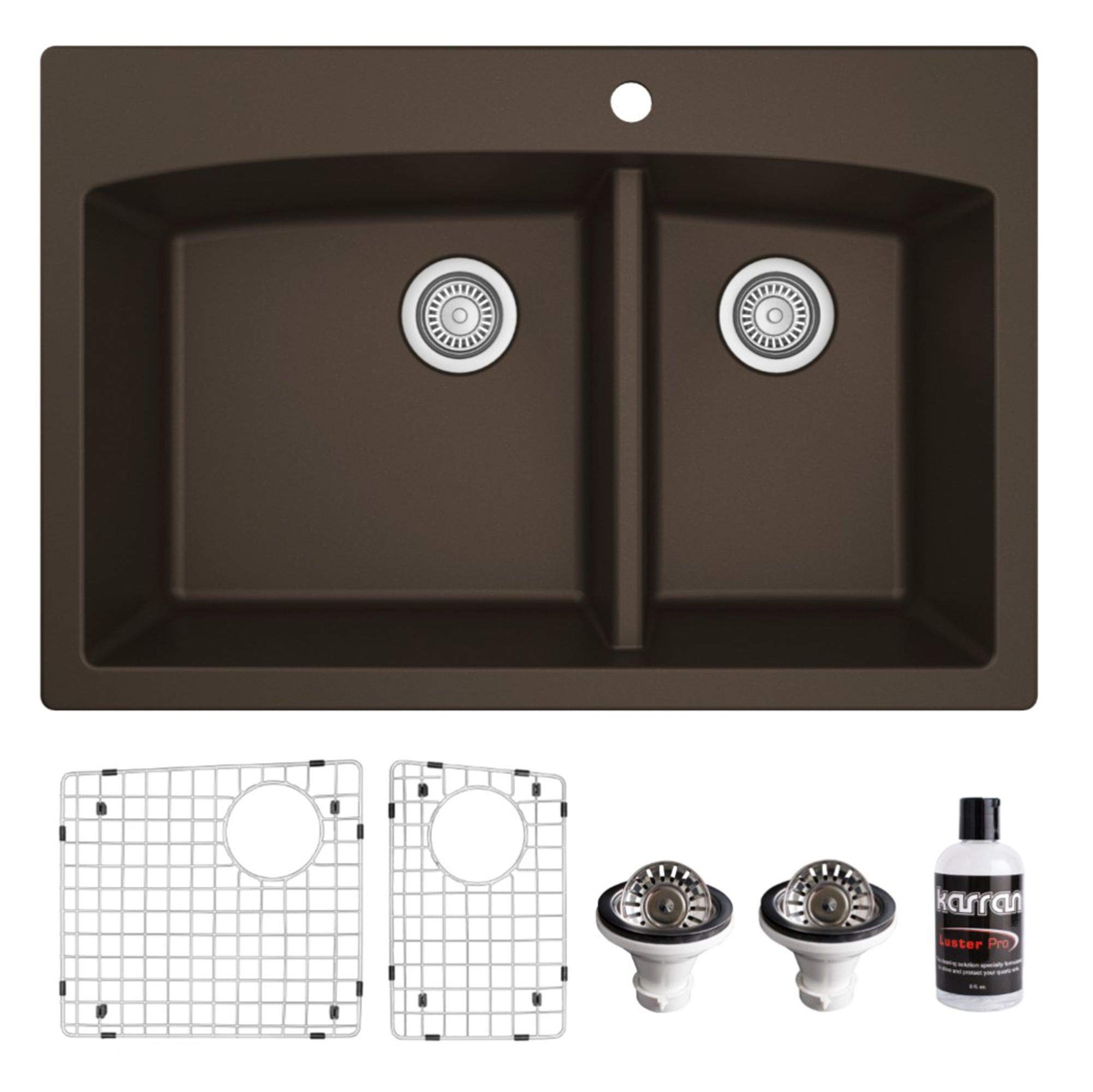 Karran QT-711 Drop-In Quartz Composite 33 in. 1-Hole 60/40 Double Bowl Kitchen Sink Kit in Brown