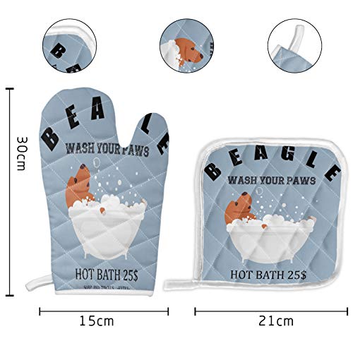 Cartoon Animal Oven Mitts and Pot Holders, Premium Insulation Ideal for Handling Hot Kitchenware, Hot Pads Potholders for BBQ, Cooking, Baking, Microwave, Grilling Cute Beagles Dog in Bubble Bath