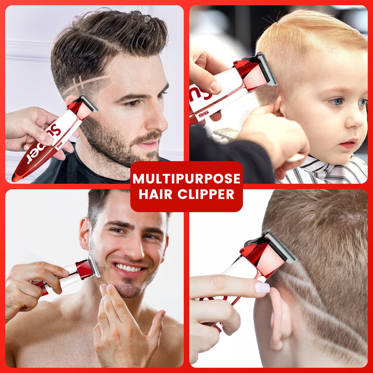 DSP® T Trimmer Hair Clippers for Men Cordless Electric Trimmers Beard and Mustache Trimmer Professional Rechargeable Hair Cutting Kit with 1-5mm Limit Combs (Red)