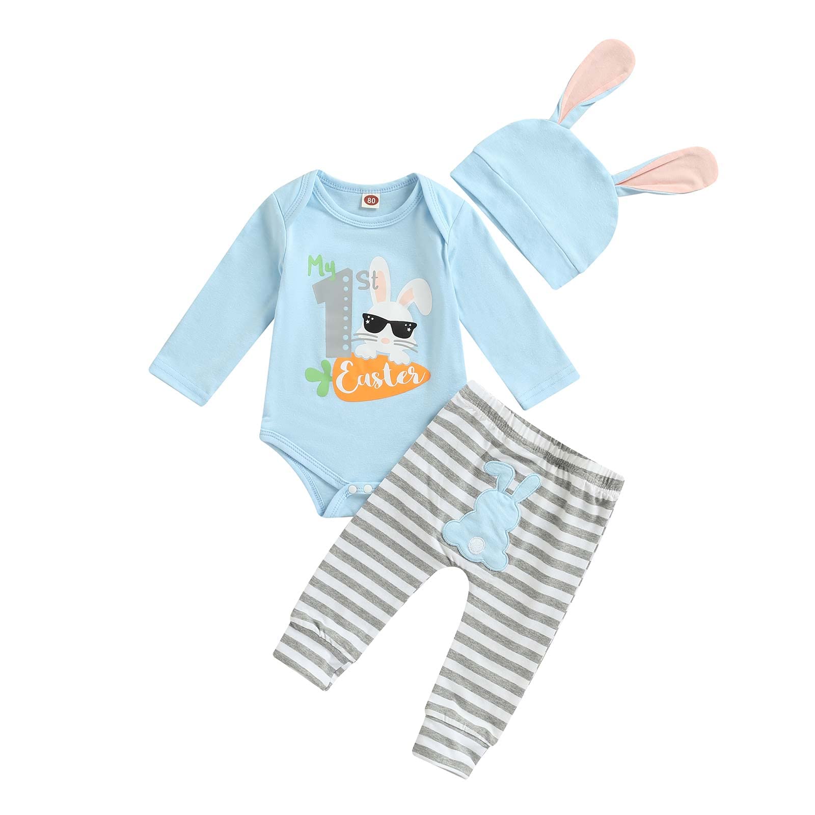 Newborn Baby Girls Boys Easter Outfits My 1st Easter Romper Bodysuit Stripe Bunny Pants Hat 3Pcs Clothes Set