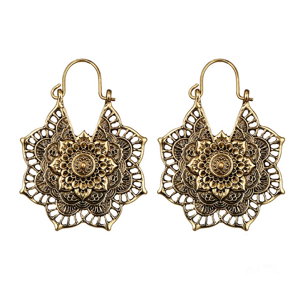 S5E5X Women Earrings Antique Silver Gypsy Indian Tribal Ethnic Hoop Dangle Mandala Earrings Boho Openwork Flower Alloy Earrings (Gold)